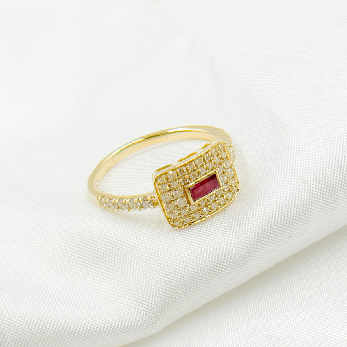 14K Solid Yellow Gold Diamond and Ruby Rectangle Ring.