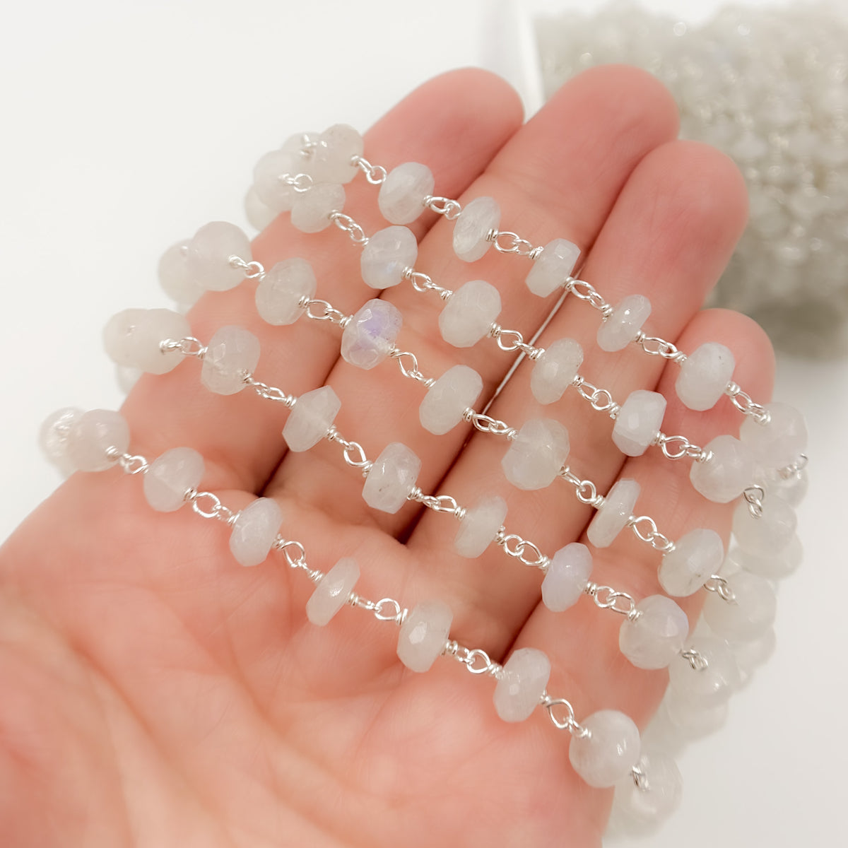 MS74. Rainbow Moonstone Sterling Silver Wire Chain