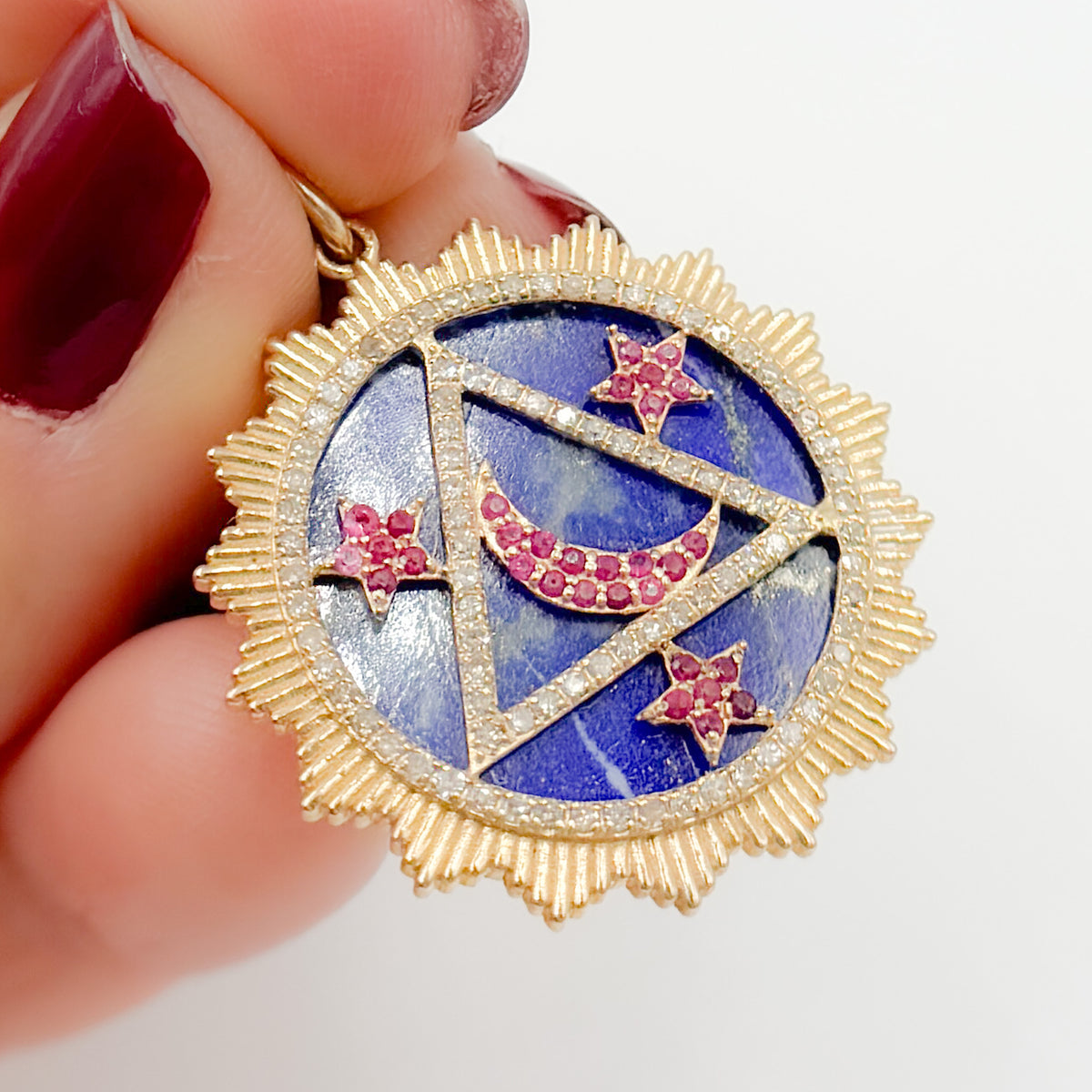 KG306. 14K Solid Gold Round Moon and Stars Pendant