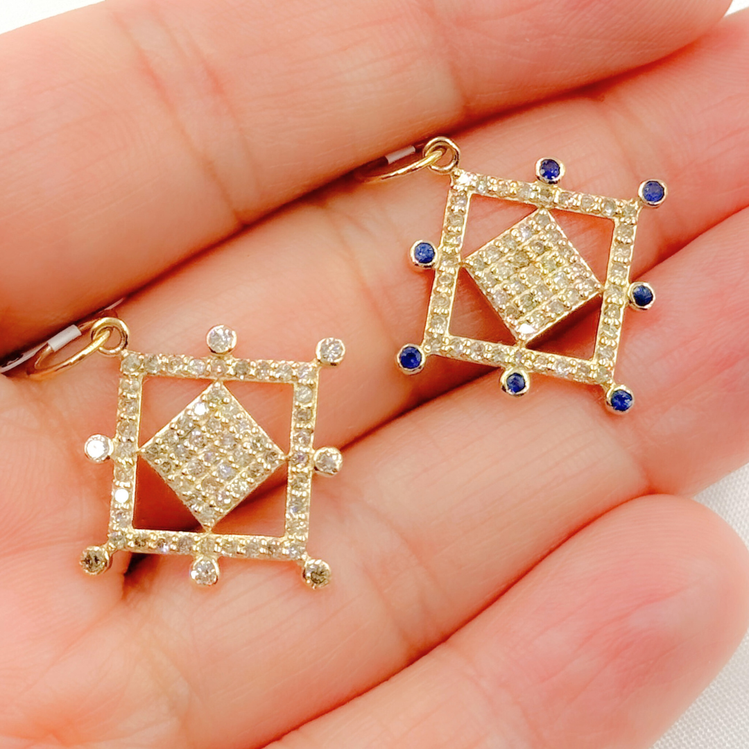 14K Solid Gold Fancy Square Charm with Diamond and Gemstones.