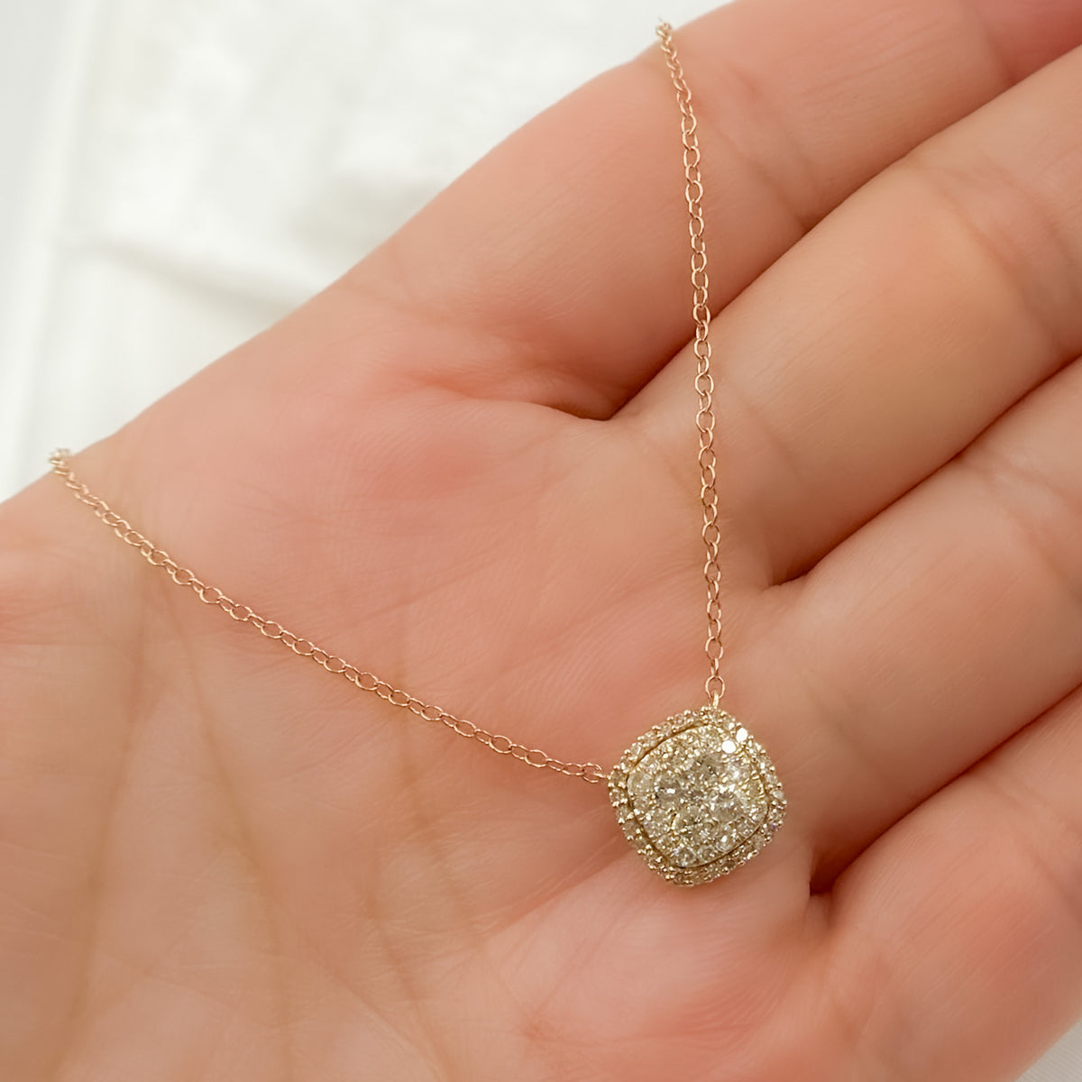 14K Solid Gold Square Shaped Diamond Necklace