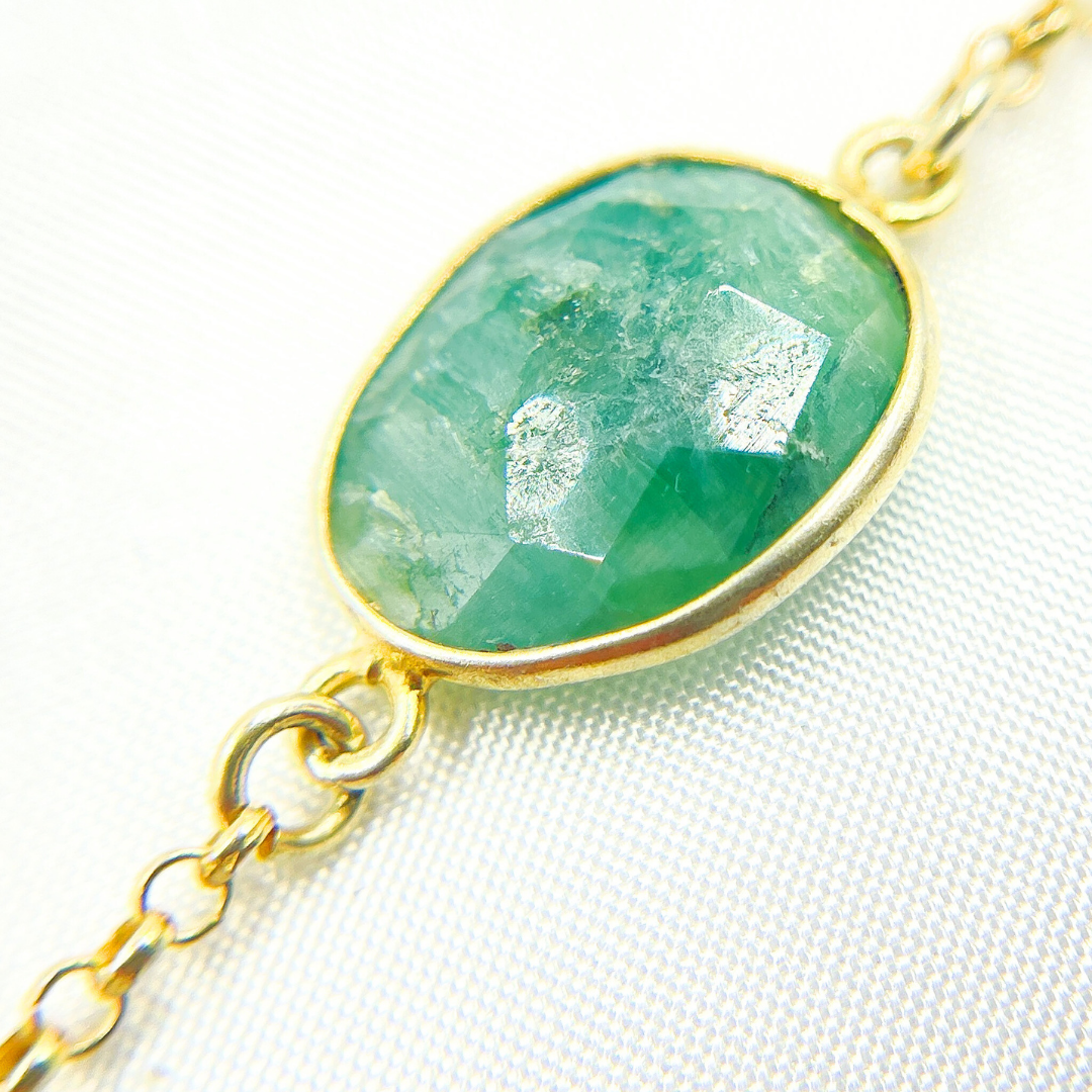 Dyed Emerald Organic Shape Bezel Gold Plated Connected Wire Chain. DYE
